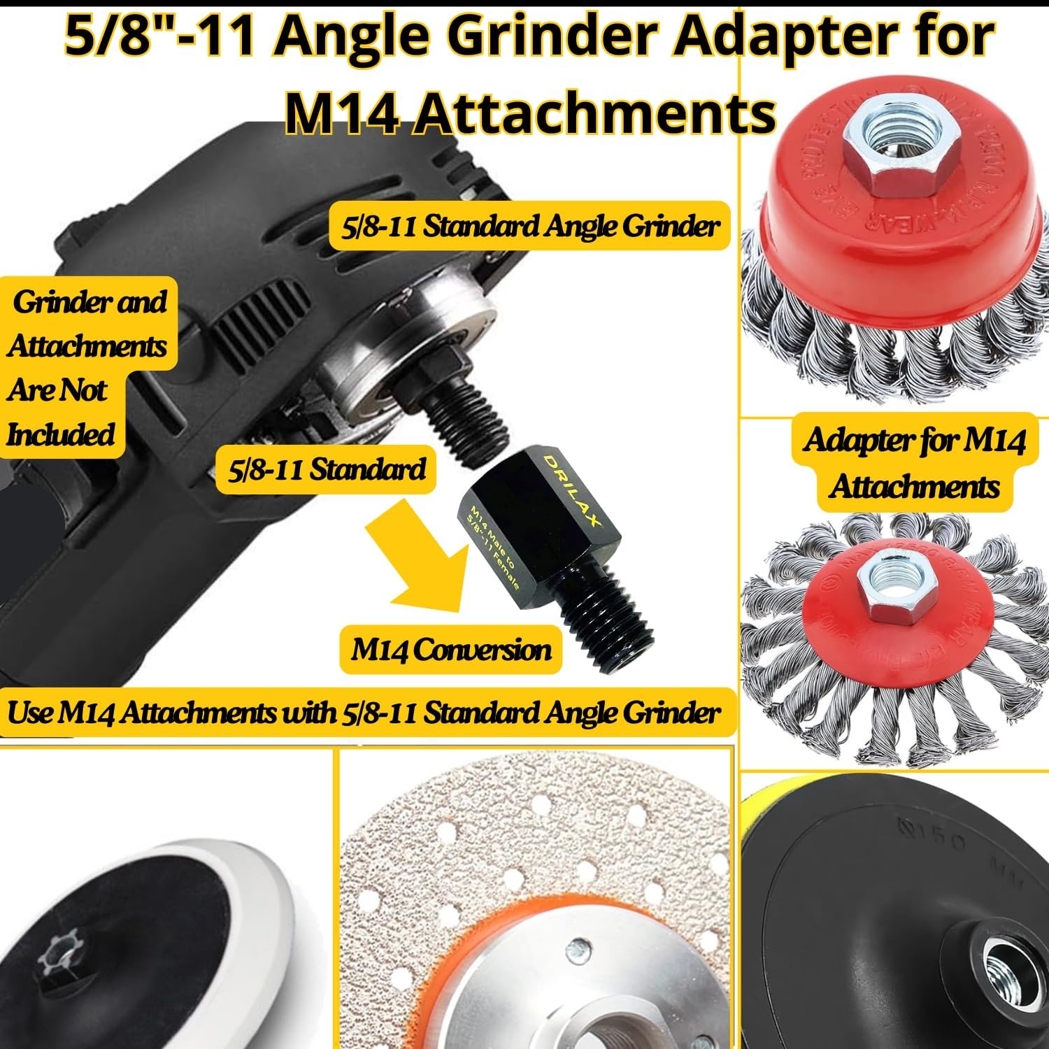 Angle Grinder Attachments – M14 to 5/8"-11 Adapter | 12,000 RPM ...