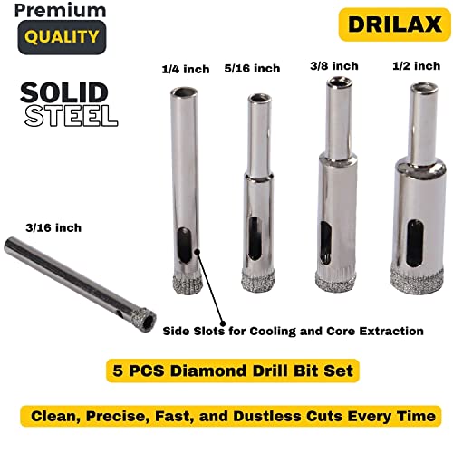 Drilax Diamond Drill Bit Set 3/16, 1/4, 5/16, 3/8, 1/2 Inch Drilling ...